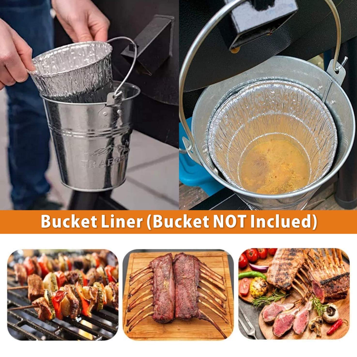 U/B Grease Bucket Liners, Aluminum Disposable Replacement Part for Traeger Green Mountain Oklahoma Joe's Wood Smoker Pellet Grill Drip Tray, 24-Pack Silver