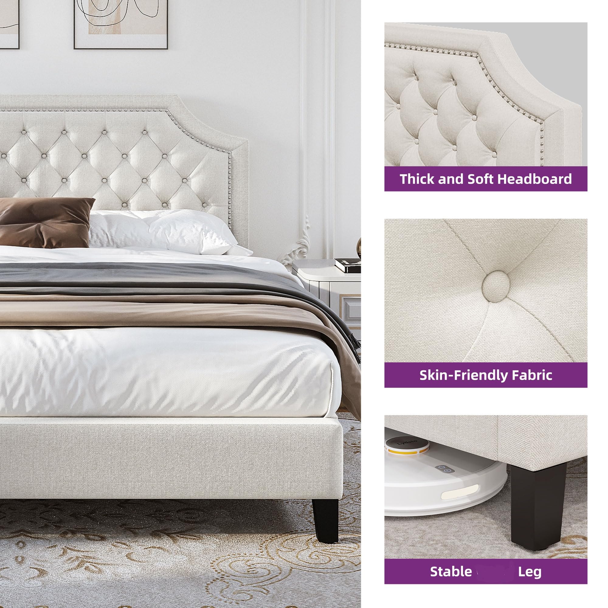 DWVO King Size Bed Frame with Adjustable Headboard, Beige Linen Upholstered Platform Bed Frame with Nail Headboard, 12'' Under-Bed Storage Low Profile Bed Frame No Box Spring Needed Hold up to 1200lbs