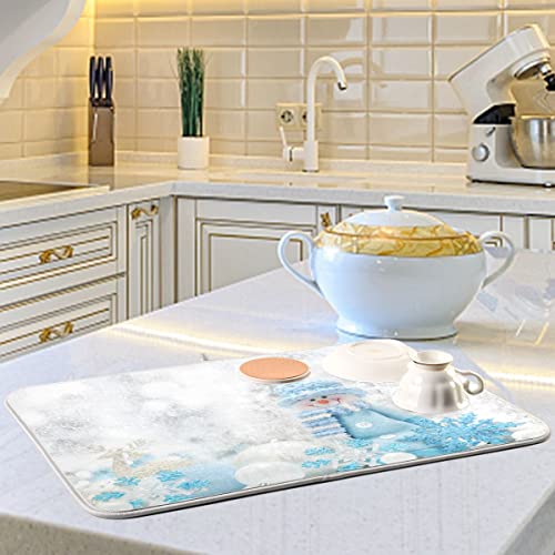 xigua Christmas Snowman Dish Drying Mat for Kitchen Counter,Texture Ultra Absorbent Reversible Microfiber Dishes Drying Rack Pad Heat-resistant Mats 16x18in