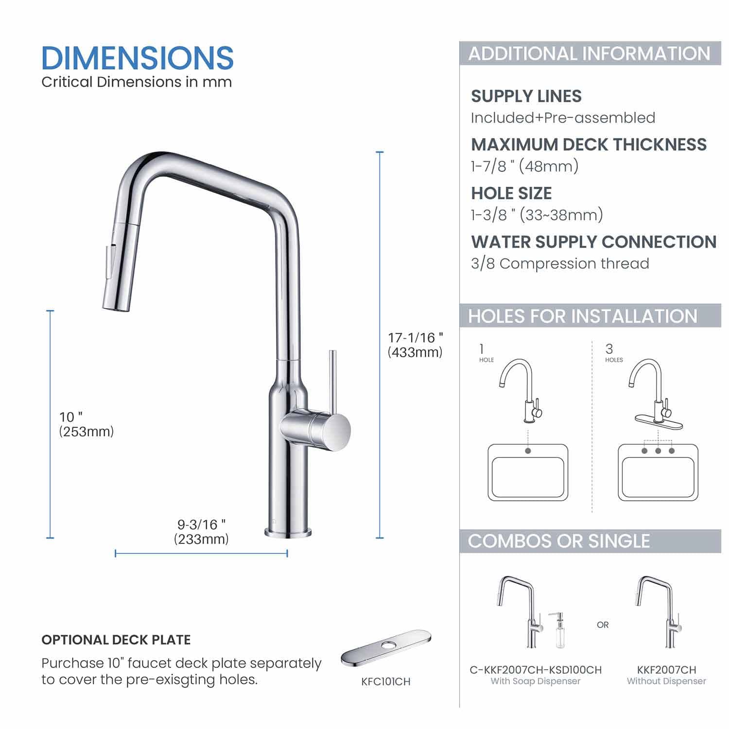 KIBI Macon Single Handle Pull Down Faucet for Kitchen Sink with Soap Dispenser | Solid Brass High Arc Faucet Spout | 360 Degree Swivel Kitchen Faucet with Pull Down Sprayer | Chrome Finish (KKF2007)