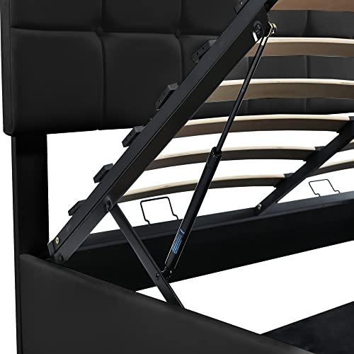 Gustonhon Queen Size Lift Up Storage Bed/Faux Leather Headboard with Storage and LED Lights and USB Charger,Hydraulic Storage System for Kids Teens and Adults, No Box Spring Needed(Black, Queen)