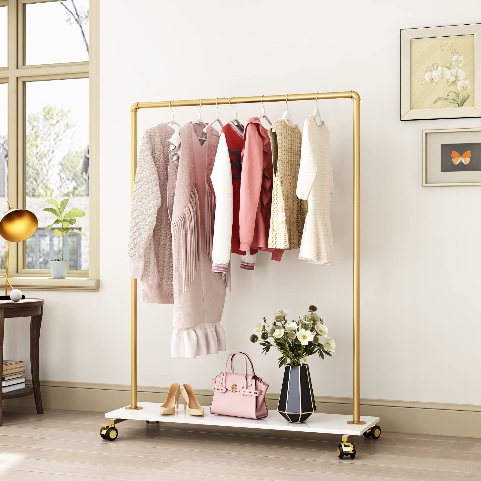 FONECHIN Gold Metal Clothing Rack with Wood Shelf, Heavy Duty Rolling Garment Rack with Wheels for Bedroom Retail Boutique Use (49.21L inches)