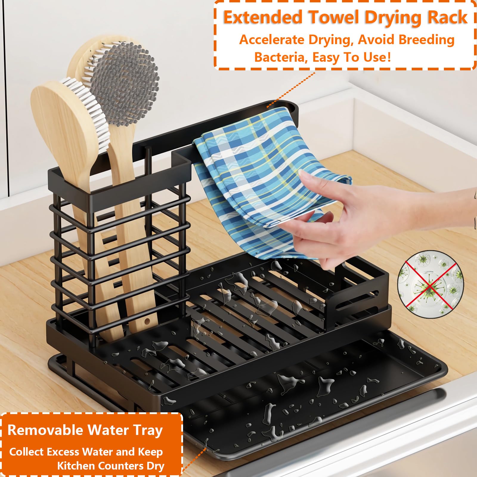 CIT ZCFYU Kitchen Sink Caddy Sponge Holder, Sink Caddy Kitchen Sink Organizer Stainless Steel, Dish Sponge Holder with Dishcloth Rack, Removable Drain Tray for Sponge, Gifts for Women & Men, Black