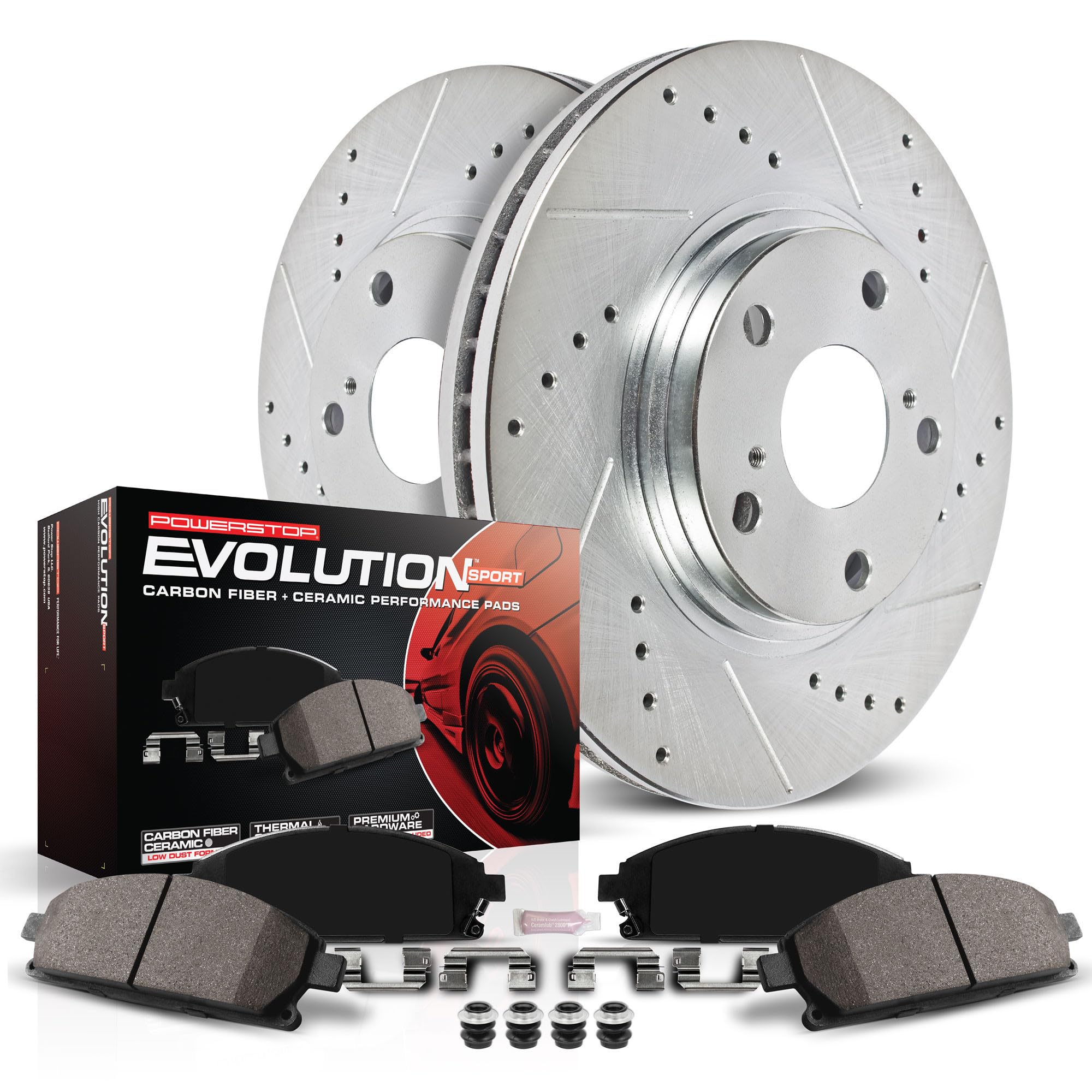Power Stop Brake Kit For Acura MDX Honda Ridgeline Pilot Front Z23 Carbon Fiber Brake Pads with Drilled and Slotted Brake Rotors K7352
