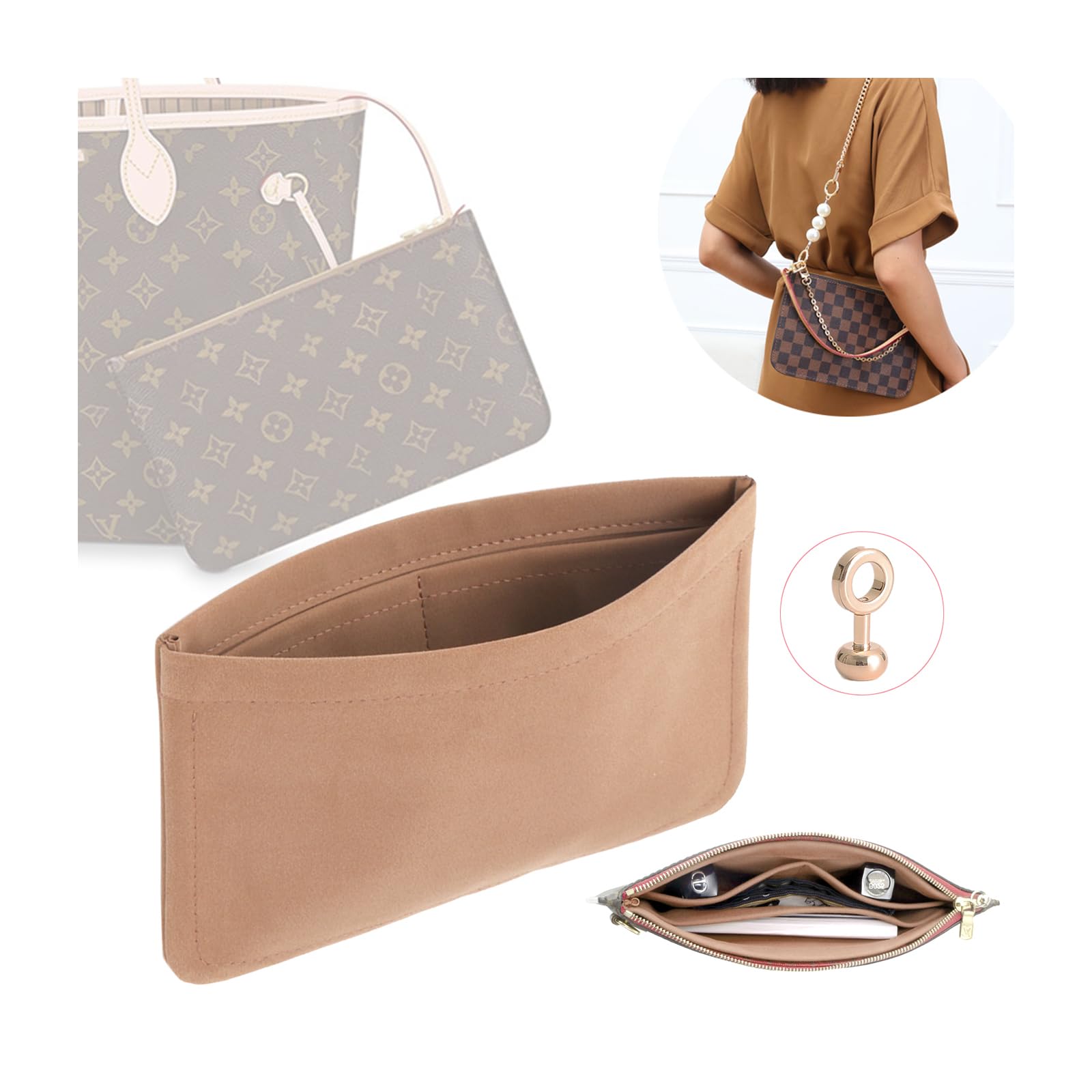 Crossbody Conversion Kit for Neverfull Pouch, Purse Insert Organizer Compatible with LV Neverfull MM GM Pouch, Convert Tote Inner Pochette Into A Crossbody (Beige)