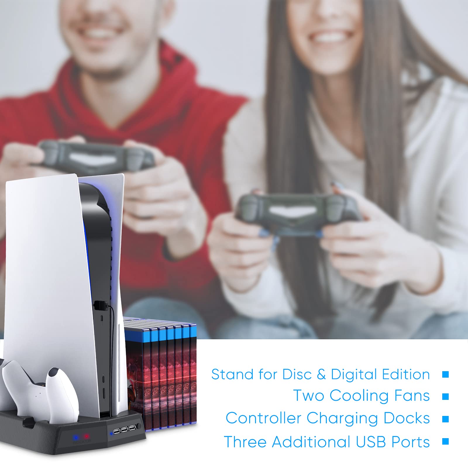 Cooling Charger Station Compatible with Playstation 5 - Auarte Controller Charging Dock Station with Cooler System, Dual Controller Charger for Dualsense with LED Indicators & 14 Games Slots
