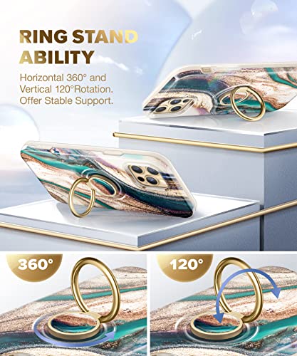 GVIEWIN for iPhone 12 Pro Max Case 6.7 Inch, Built-in 360° Rotate Ring Stand, Stylish Durable Marble Pattern Shockproof Kickstand Phone Holder Protective Case Cover (Drift Sand/Brown)
