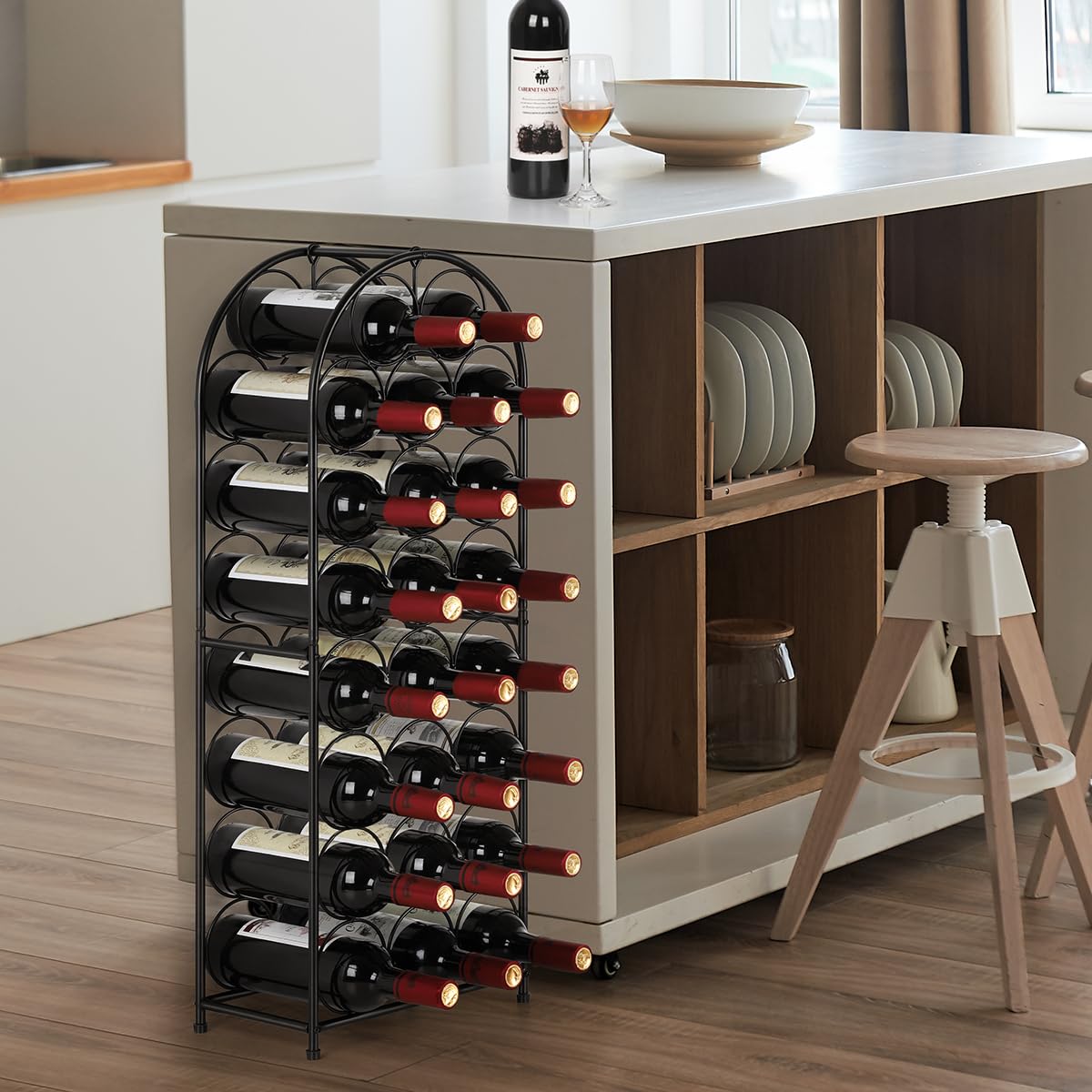 HEOMU 23 Wine Rack Freestanding Floor, Metal Wine Rack Wine Bottle Holder Stands Wine Storage Organizer Display Rack Table Wine Glass Rack for Bar Kitchen Dining Living Room, Black