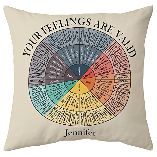 Hyturtle Personalized Wheel of Emotions Throw Pillow (Insert Included) Gifts for Social Worker School Counselor Psychologist - Feeling Wheel Custom Name Sofa Couch Cushion Home Decor Pillow