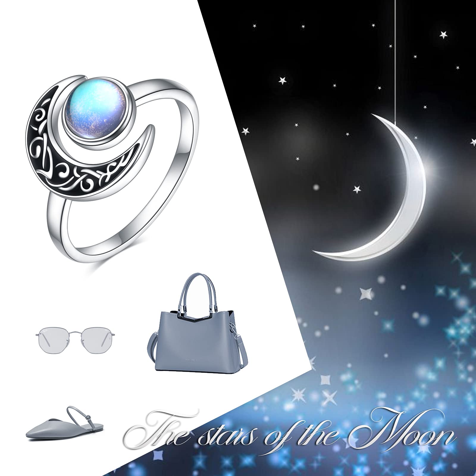 CRMAD Moonstone Ring for Women Sterling Silver Crescent Moon Adjustable Ring (7)