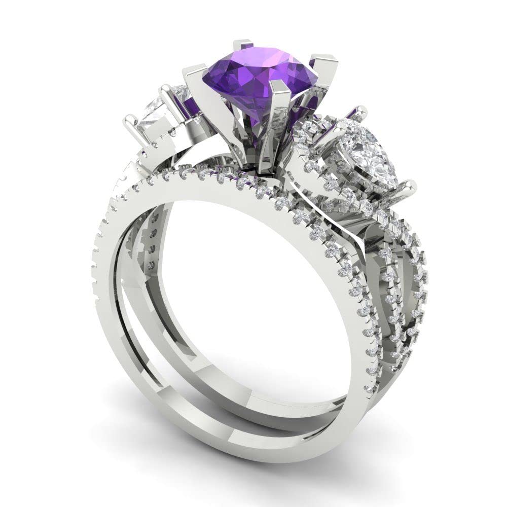 Clara Pucci 2.0ct Round Cut Solitaire 3 stone Natural Amethyst Engagement Promise Anniversary Bridal Ring Band set Real 14k White Gold 4