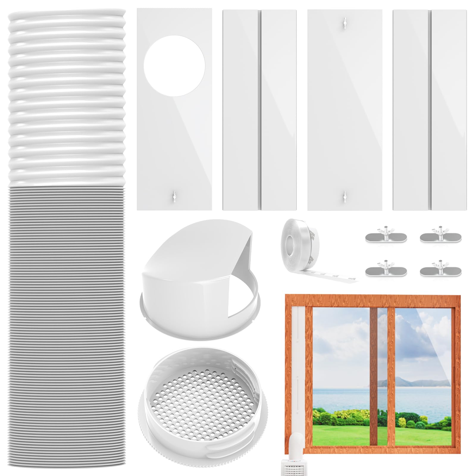 E-SDS Portable Air Conditioner Window Kit with 5.1” Exhaust Hose for Sliding Window, Seamless Portable AC Window Seal Panel Kit Adjustable Length Hose up to 78"