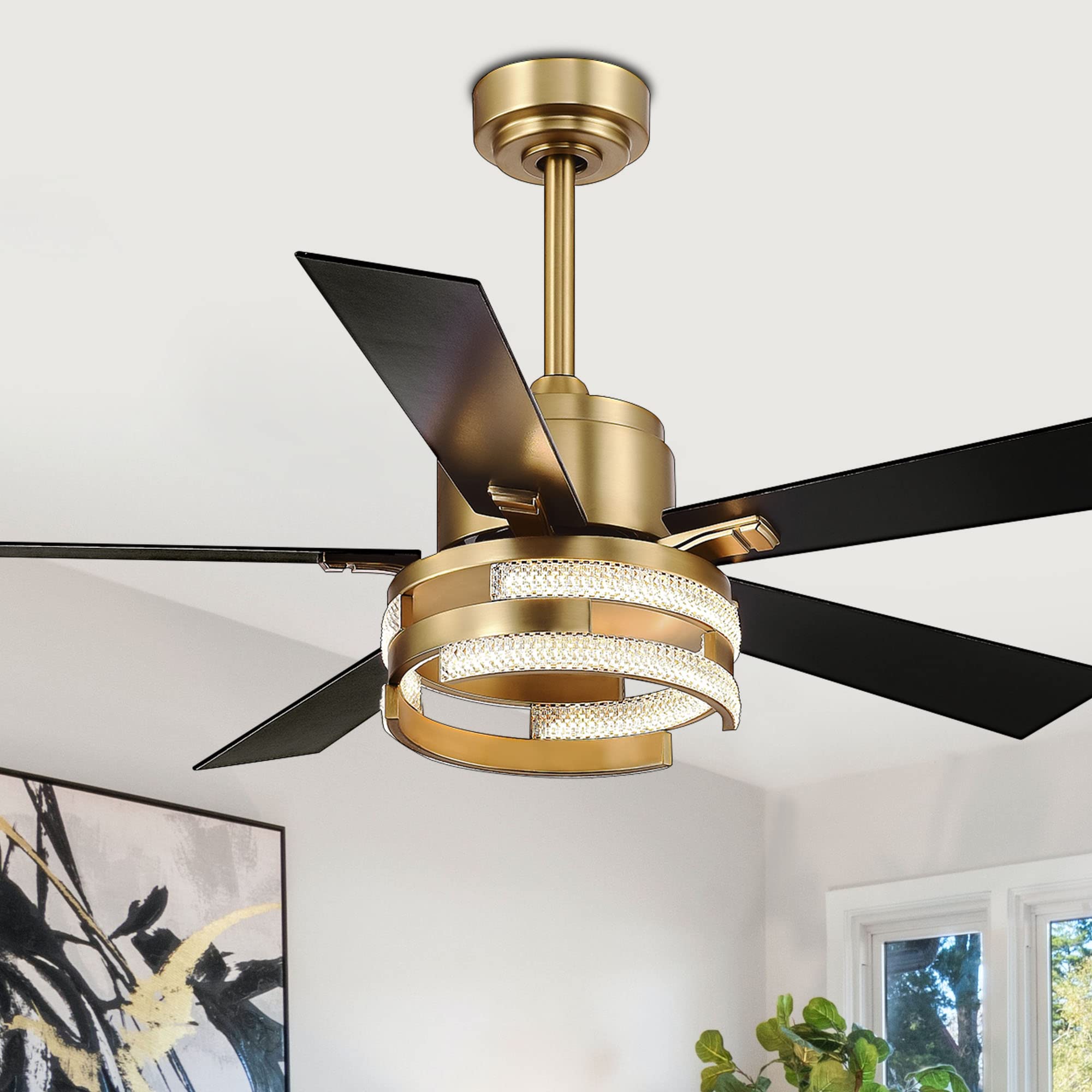 Breezary Ceiling Fans with Lights, 52 inch 5 Blade Industrial Gold Ceiling Fan Remote Control, Reversible AC Motor, Caged Light Fixture Chandelier for Bedroom