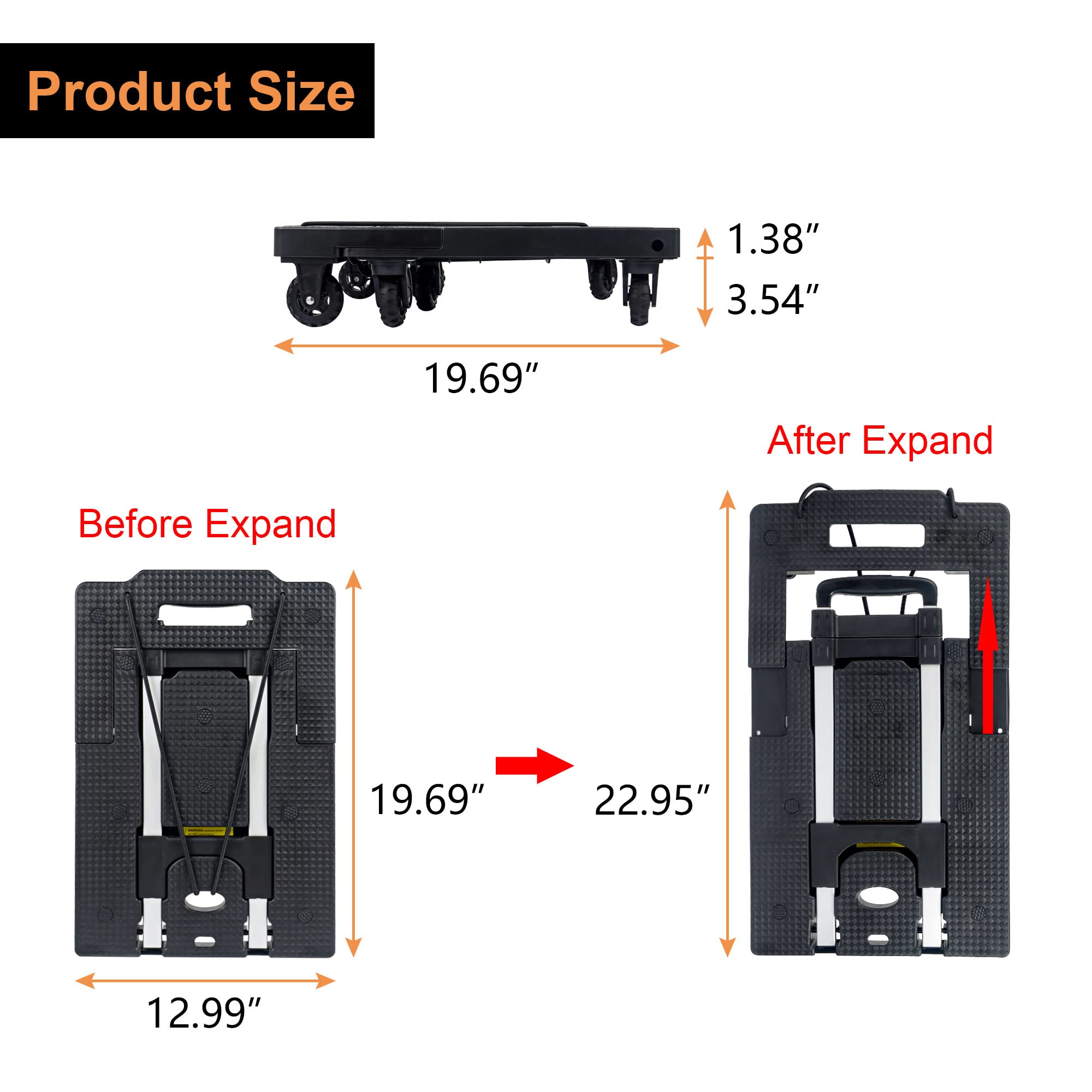 Dolly Cart Portable Hand Truck Lightweight Hand Cart Compact Utility Cart with Heavy Duty Wheels Solid Construction Adjustable Handle for Personal, Moving, Travel and Shopping Use (7 Wheels)