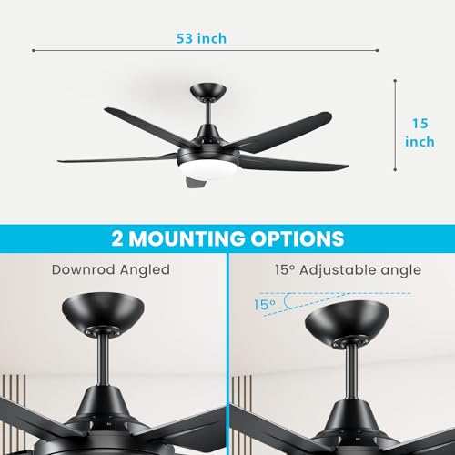 CJOY Ceiling Fan with Lights for Living Room, 53 Inch Modern Ceiling Fan with 5 Reversible Blades, Dimmable LED, Remote Controls, Black Ceiling Fan Bedroom, Outdoor Ceiling Fans for Patios, 6-Speed