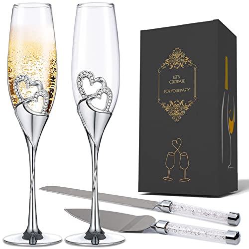VARLKA Wedding Champagne Flutes and Cake Knife Server Set Wedding Gifts Toasting Glasses with Rhinestone Rimmed Hearts Decoration for Couple Bride and Groom, Cake Cutting Set of 4 for Wedding