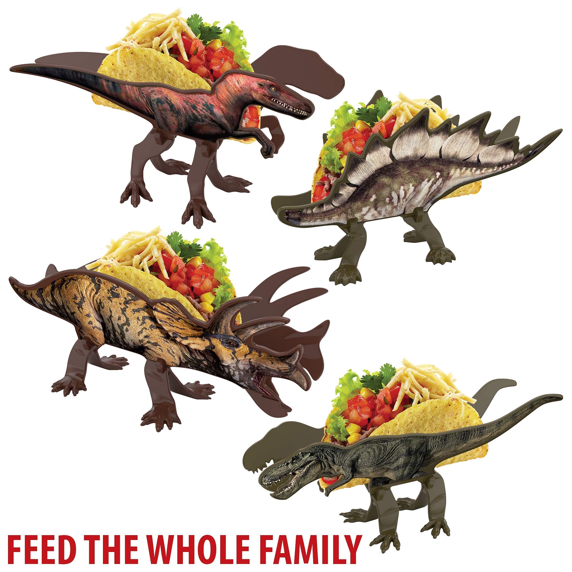 Dinosaur Taco Holders - T-Rex Premium Novelty Taco Stand and Set of 4 Dino Flat Fold Stands