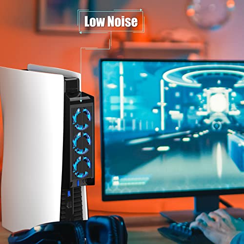 Cooling Fan for PS5 Disc & Digital Editions, ELECGO Efficient Heat Dissipation & Low Noise Fans Built-in 3 Small Fans with Powered USB 3.0 Port, LED Light, Adjustable Wind