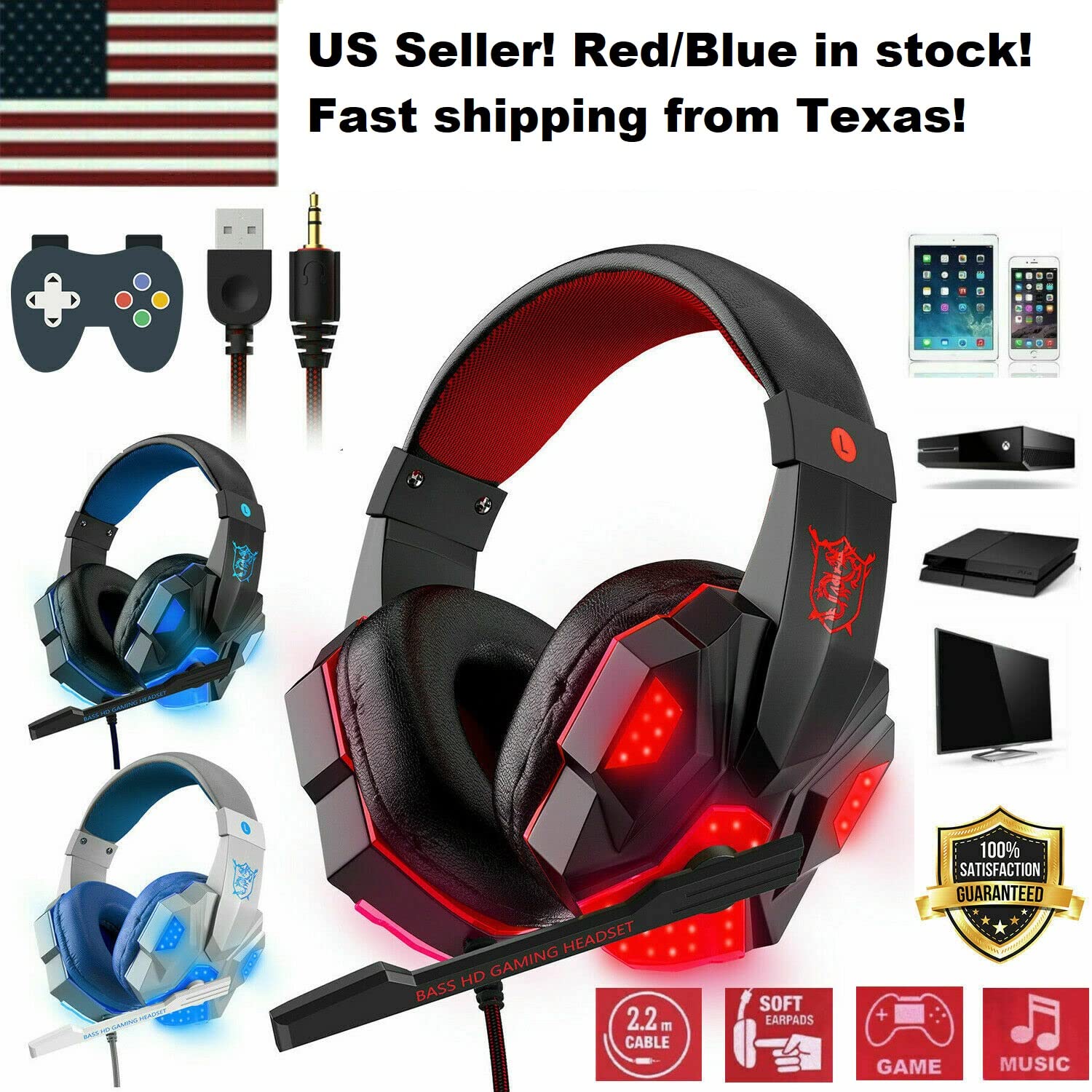 Plextone PC780 Gaming Headset with Microphone Stereo Bass Earphone for PC, Xbox One, PS4, Mac, Mobile and VR (Black and Red)
