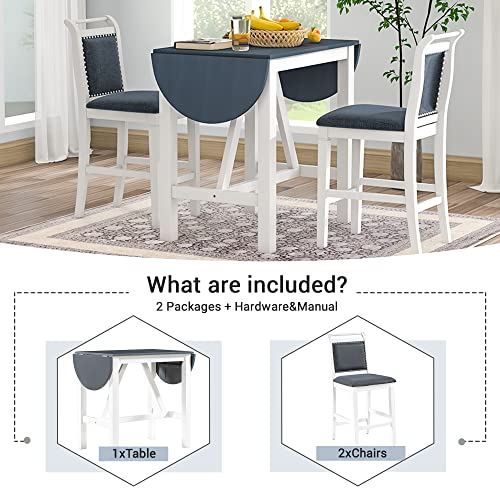 Harper & Bright Designs 3 Piece Counter Height Kitchen Dining Set with Drop Leaf Dining Table and 2 Dining Padded Chairs, Dining Room Set for Small Places, White