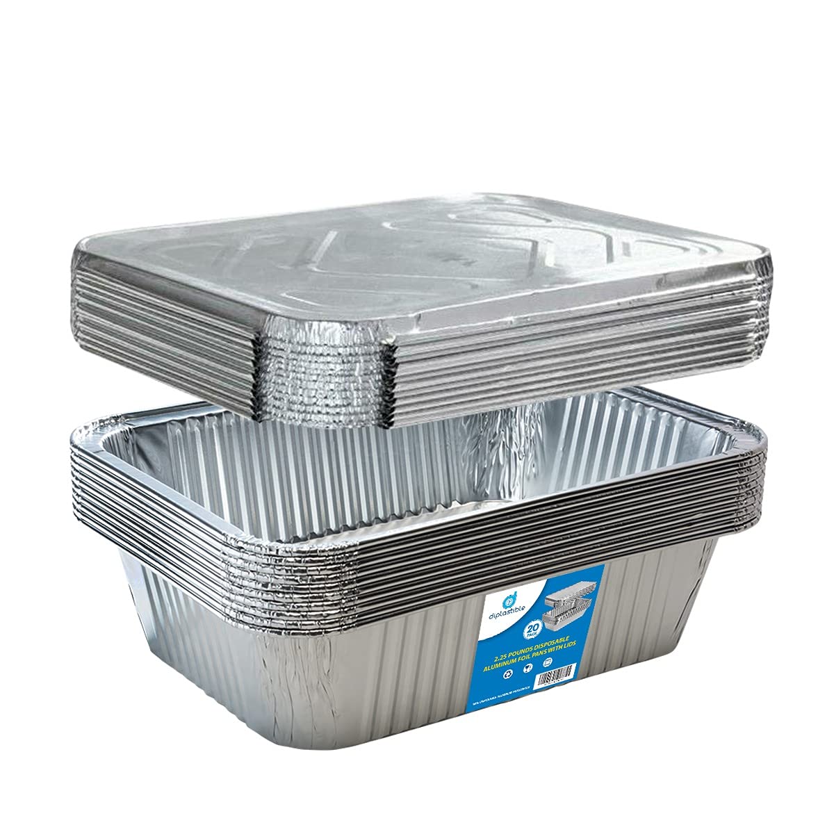 Diplastible Oblong Disposable Aluminum Pans with Lids - 20 Pack - 8.5 x 6 x 2.5 in 5-lb Pan with Foil Covers Perfect for Baking Cooking Food and Storage Container