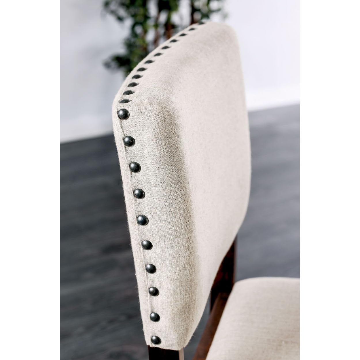 Classic Set of 2pc Counter Height Dining Chairs Ivory Fabric Padded Linen Chairs Upholstered Cushion High Chairs Nailhead Trim Kitchen Dining Room Solid Wood Brown Cherry