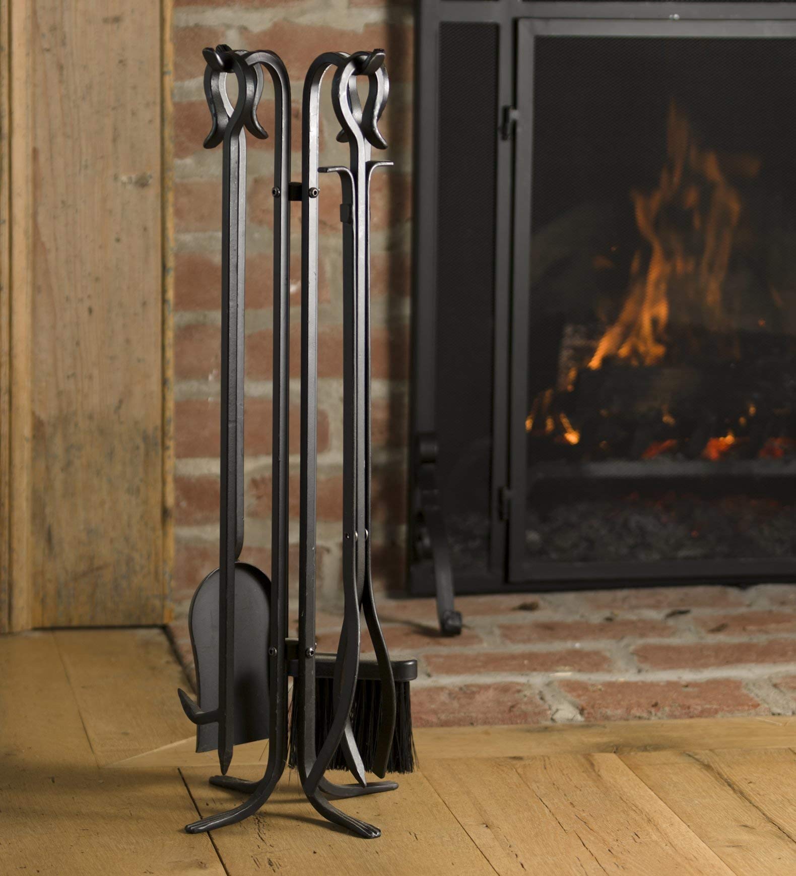 Plow & Hearth 5 Piece Hand Forged Iron Fireplace Tool Set with Poker | Tongs | Shovel | Broom | and Stand 7-in Diam. x 27.5 H Black