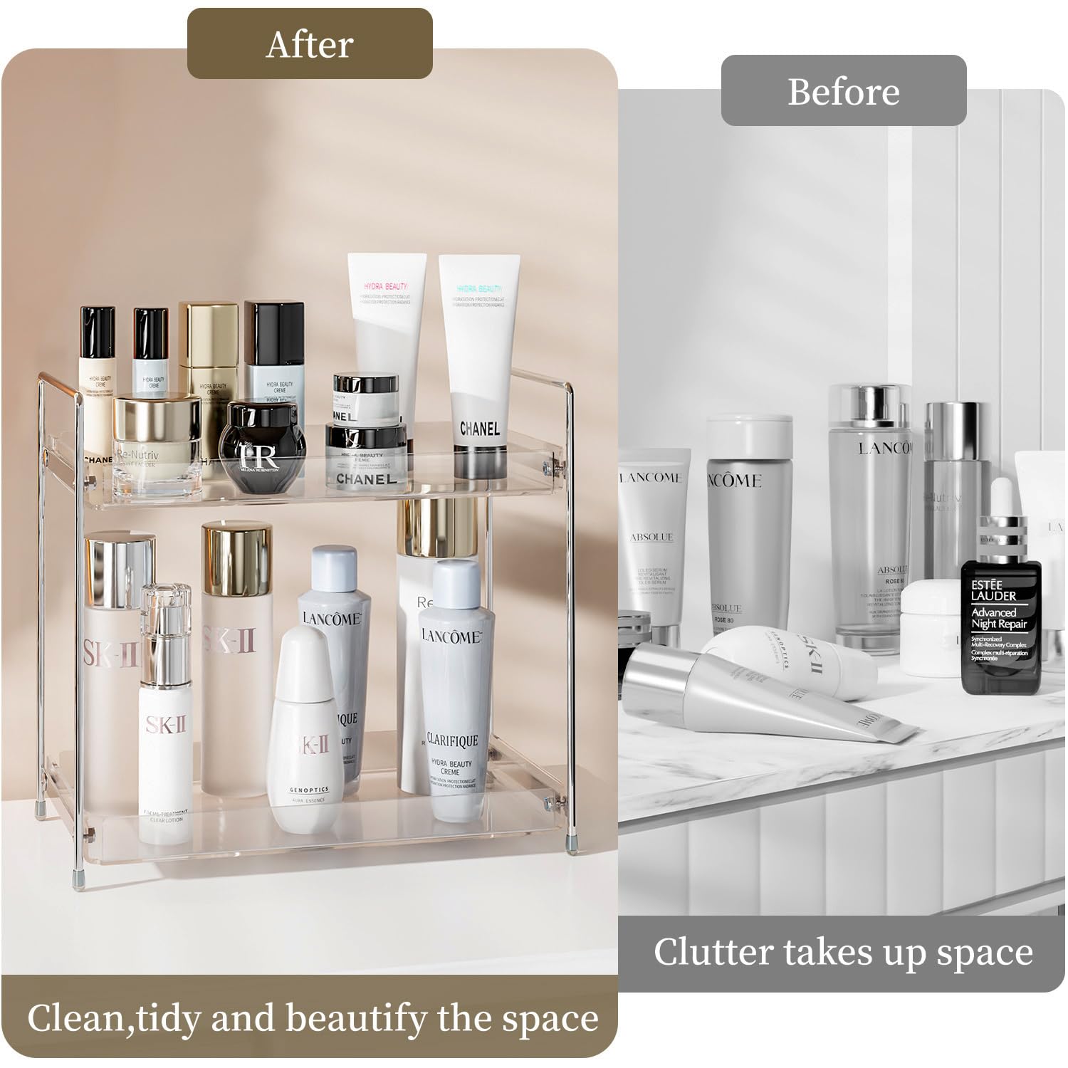 KINGBERWI 2 Tier Bathroom Counter Organizer, Acrylic Makeup Skincare Organizers for Vanity Perfume Tray, Clear Bathroom Sink Countertop Storage Shelf