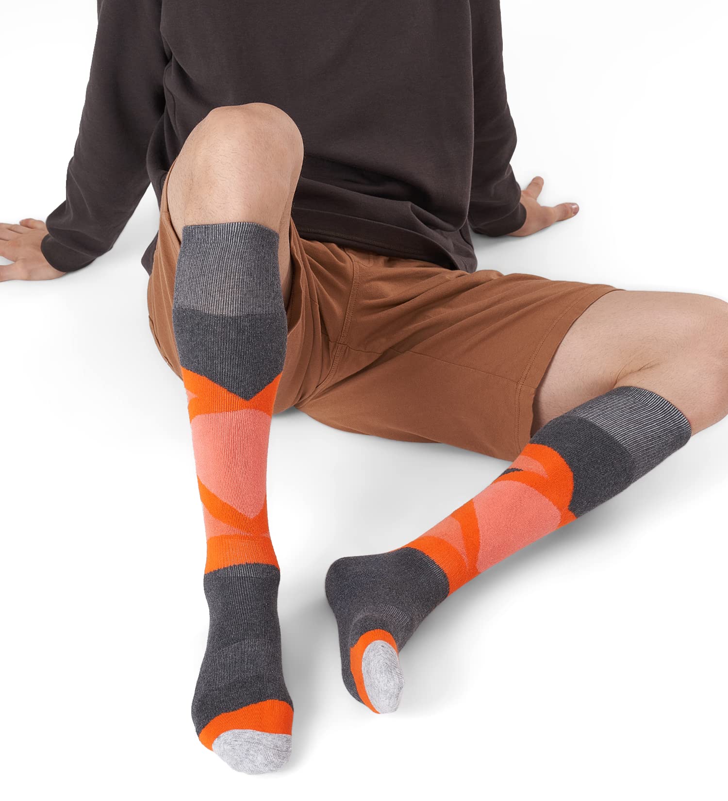 CS CELERSPORT 2 Pack Merino Wool Men's Ski Socks with Full Cushion, Winter Warm Thermal Socks for Skiing Snowboarding, Light Grey+Orange, Large