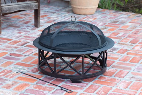 Fire Sense 60904 Fire Pit Portsmouth Decorative Powder Coated Steel Base Wood Burning Portable Outdoor Firepit Backyard Fireplace Included Vinyl Cover & Screen Lift Tool - Black - 30"