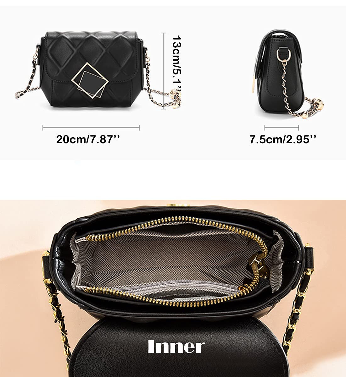 YXBQueen Women's Small Bags Black Chain Crossbody Purse Quilted PU Leather Shoulder Bag with Chain Strap