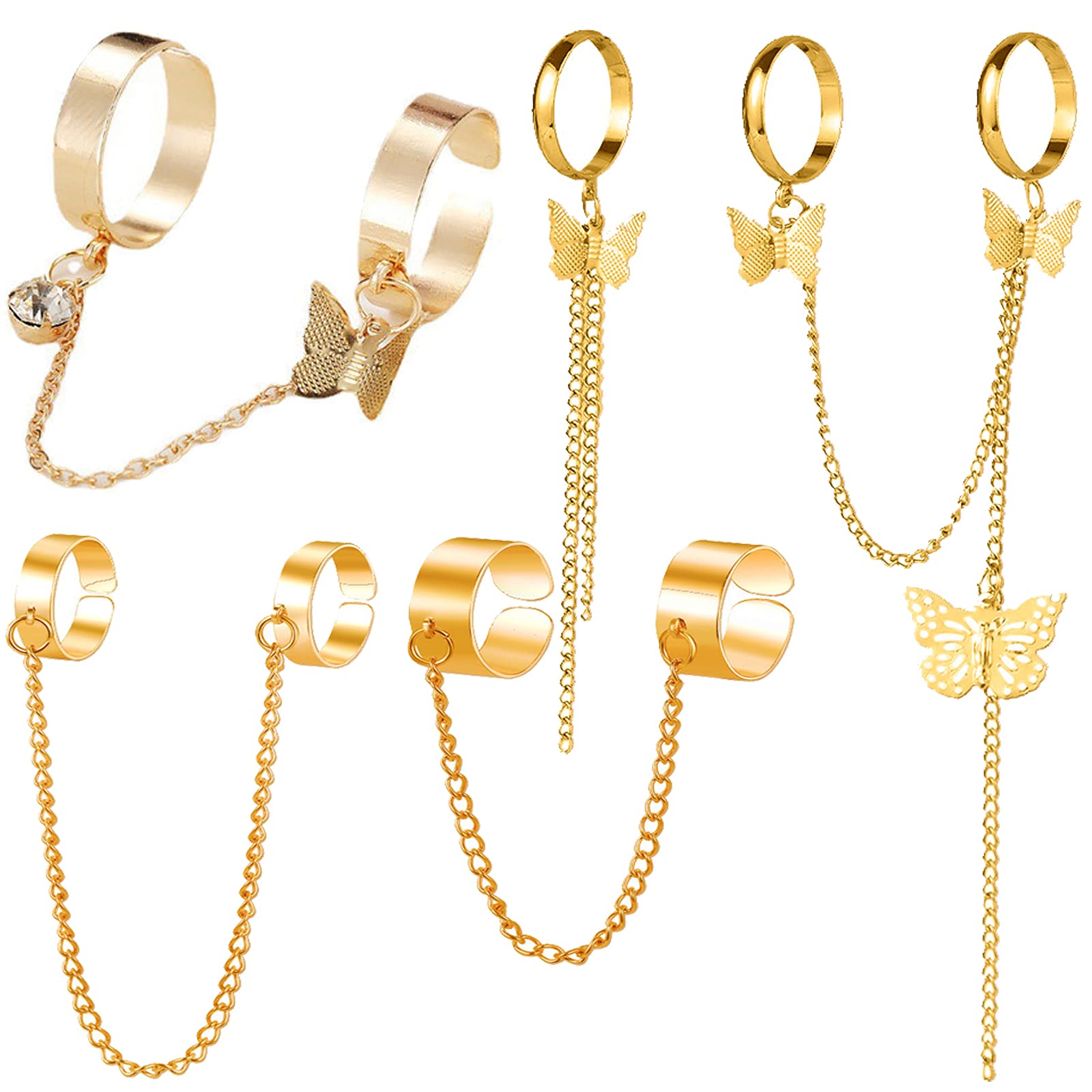 CJIAYUJEW Gold Punk Vintage Chain Finger Rings Set for Women Men,Gold Butterfly Chain Ring, Novelty Gothic Cross Open Adjustable Rings Stackable Gold Knuckle Rings (Gold)