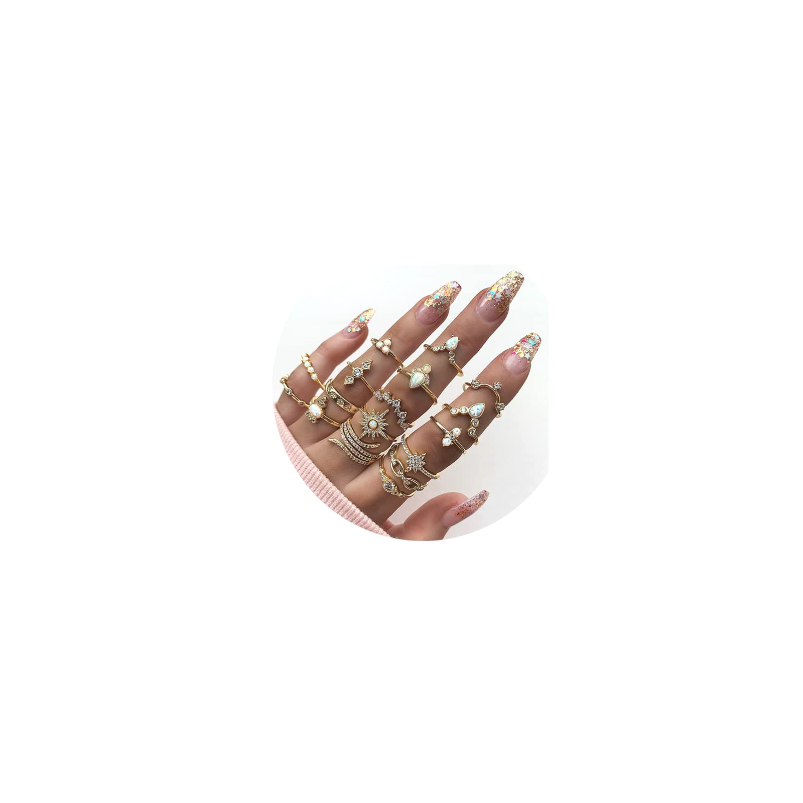 CJIAYUJEW Gold Stackable Rings Sets,Bohemian Peak Sea Wave Compass Turquoise Knuckle Rings Set for Women Men (C-17PCS)
