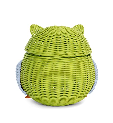 G6 COLLECTION Owl Rattan Storage Basket With Lid Decorative Bin Home Decor Hand Woven Shelf Organizer Cute Handmade Handcrafted Nursery Gift Animal Decoration Artwork Wicker Hoot Owl (Large, Green)