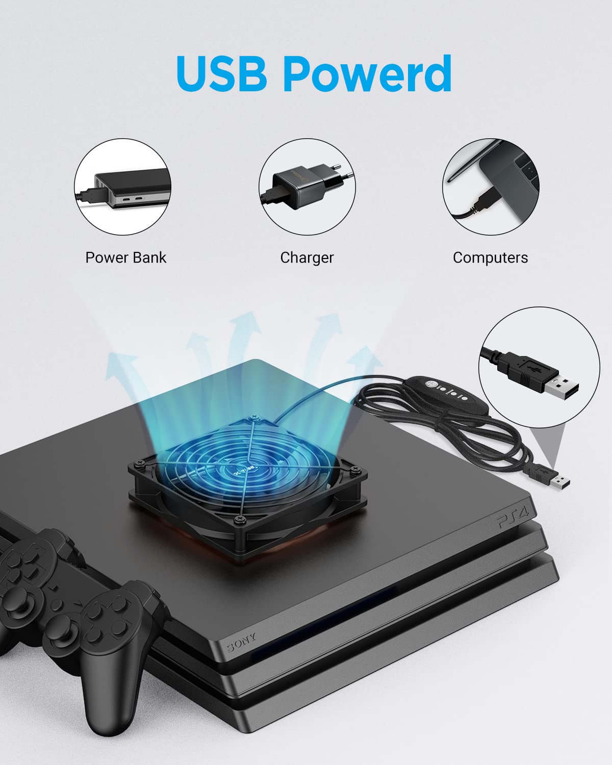 Computer Fan, EasyAcc 120mm Cooling Fans, Quiet Edition High Airflow USB Fan with 3 Speed Control, Long Life Computer Case Fan for Receiver DVR Playstation Xbox Cabinet CPU