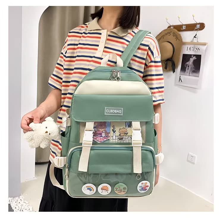 MOJIDUO Kawaii Backpack 4Pcs Set with cute plush Pendants & Badge,High capacity School Bag Cute Aesthetic Backpack