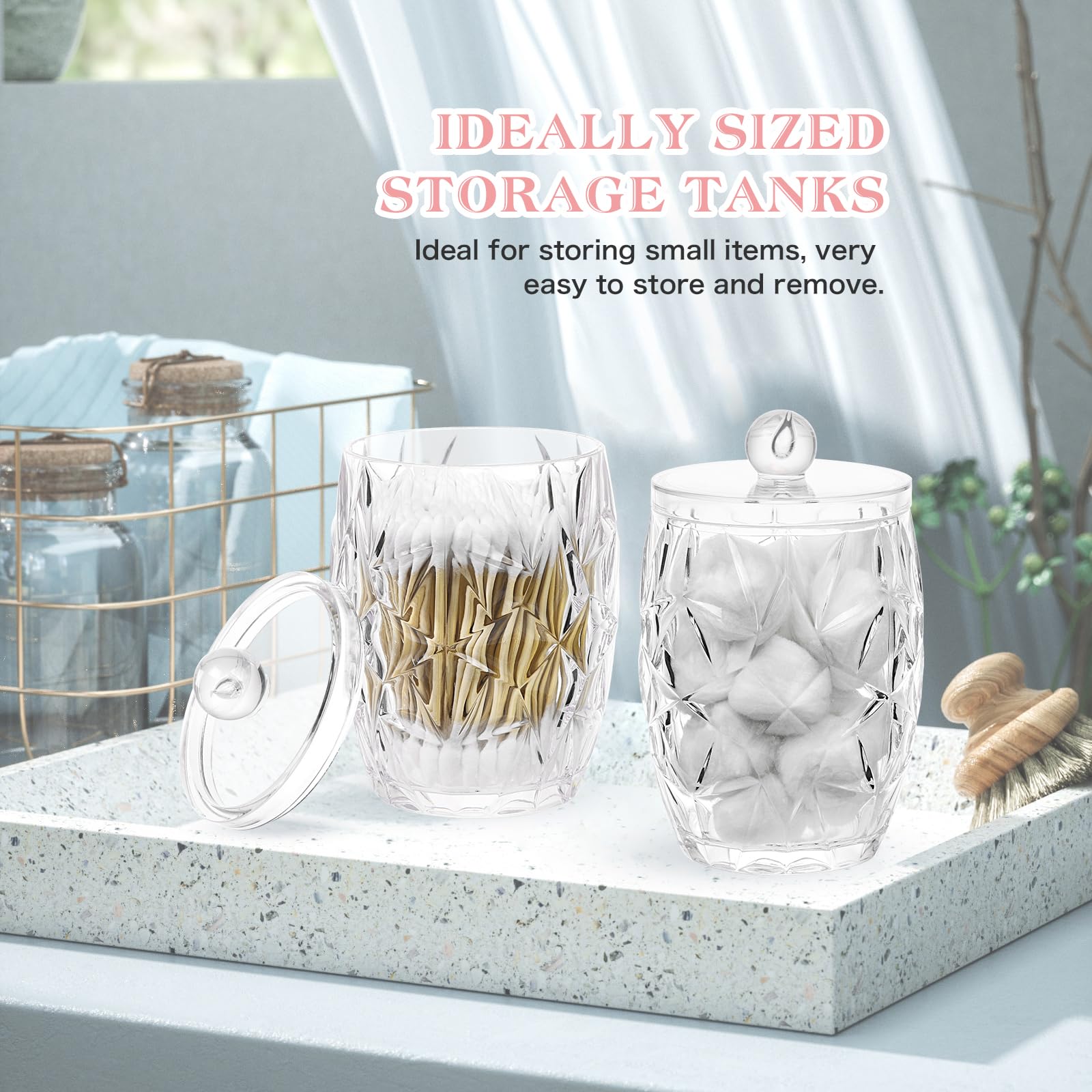GAHEFY Qtip Holder Bathroom Set,Apothecary Jars with Lids for Q Tip,Cotton Ball,Round Pads,Swab,Floss Picks,Bathroom Counter Organizers and Decor (Clear)