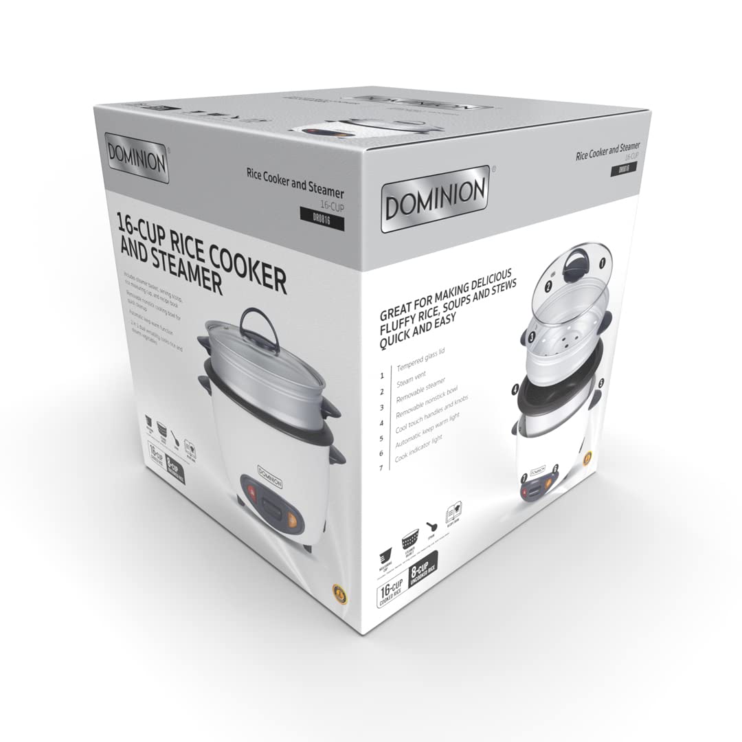 Dominion 16-Cup Cooked (8 Uncooked) Electric Rice Cooker with Removable Nonstick Pot & Food Steamer, One Touch Operation, Warm Mode, With Measuring Cup & Spatula & Recipe Book, Perfect For Rice, Soups, Stews, Grains, Oatmeal - White