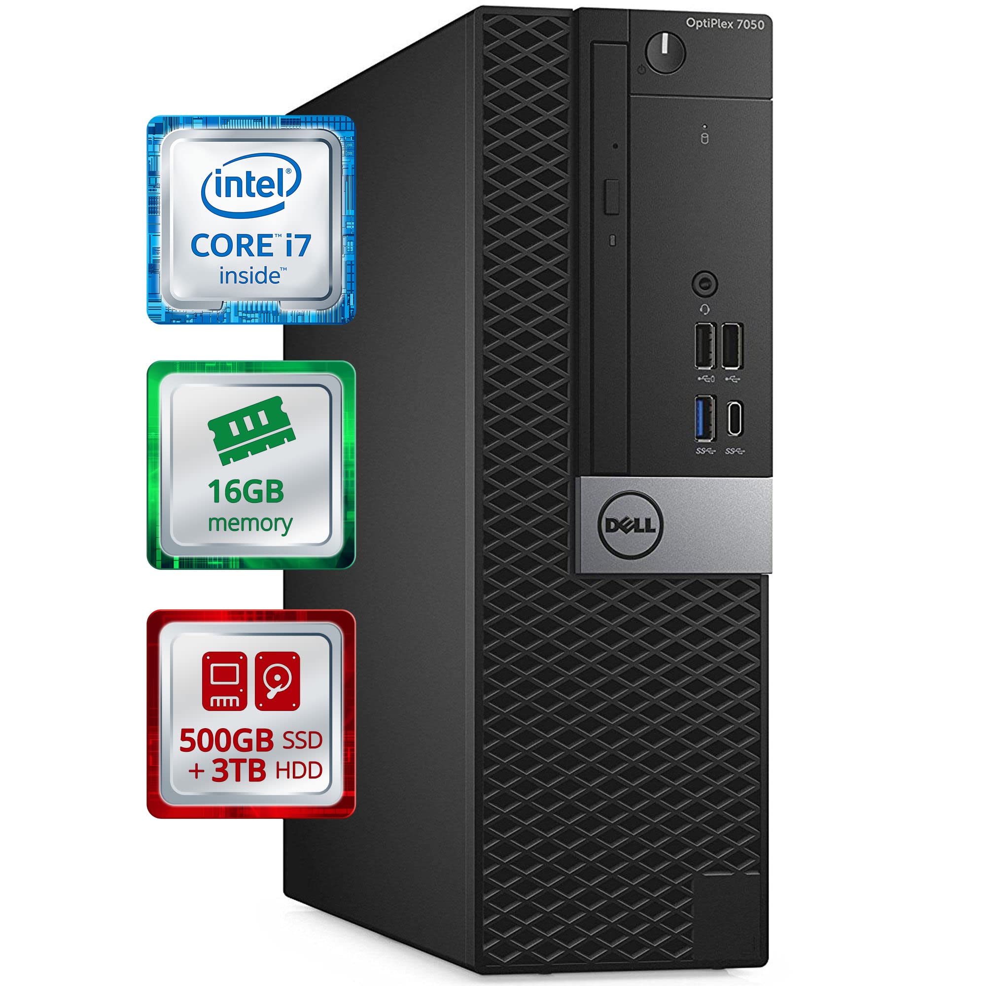 Dell OptiPlex 7050 Small Desktop Computer (SFF) | Quad Core Intel i7 (4.2GHz Turbo) | 16GB DDR4 RAM | 500GB SSD Solid State + 3TB HDD | WiFi-5G + Bluetooth | Win 10 Pro | Home or Office PC (Renewed)