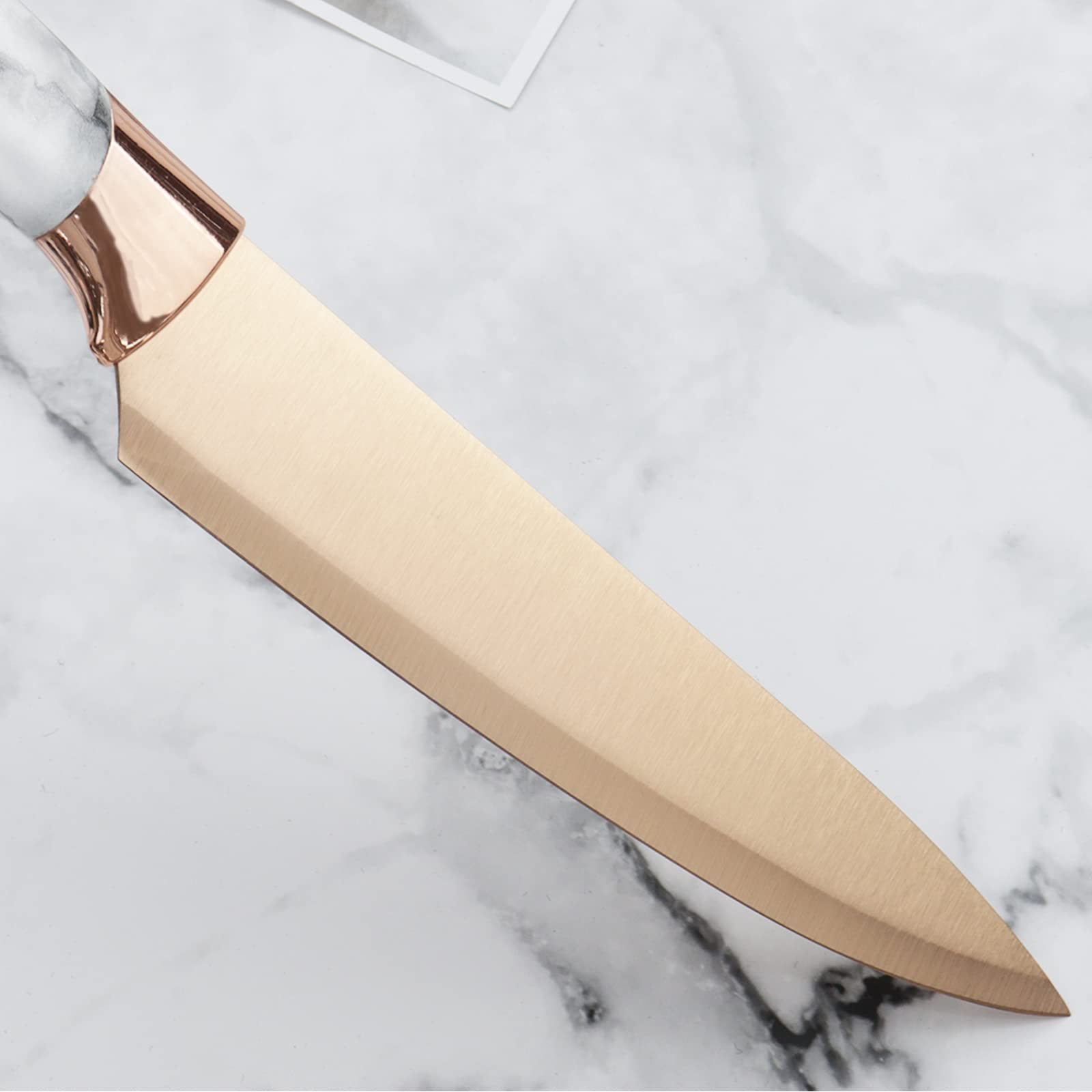 Knife Set Non Stick, Champagne Gold Knives Set with Acrylic Storage Block, 6 Pieces Sharp Knife Set, Stainless Steel Beautiful White Marbling Handle Rainbow Blade Kitchen Knife (Champagne Gold Blade)