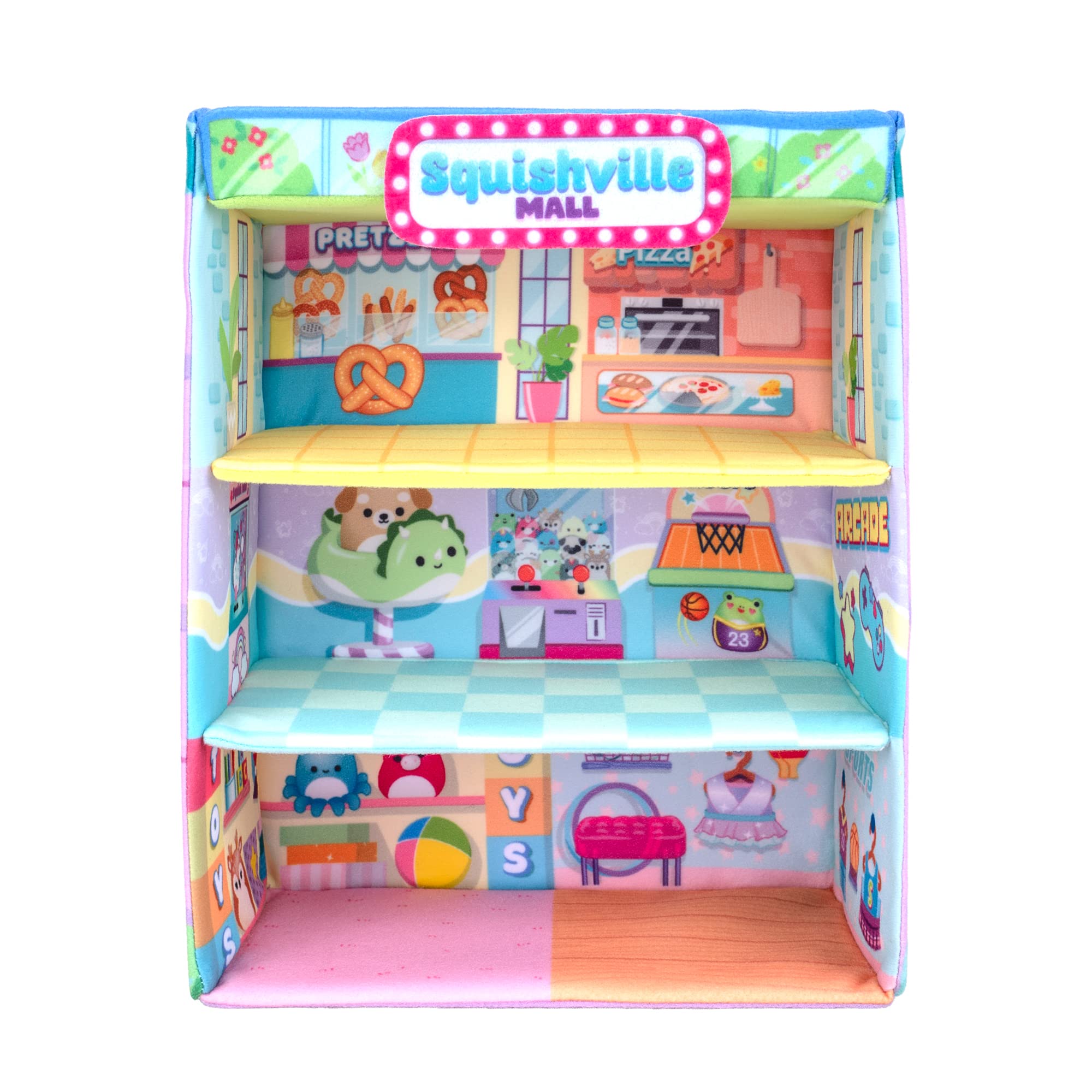Squishville by Squishmallows SQM0158 Mall-Two 2” Mini-Squishmallow Plush Characters, Themed Play Scene, Plus 4 Accessories Bag, Shopping Cart, Cash Register, Arcade Machine, Multi