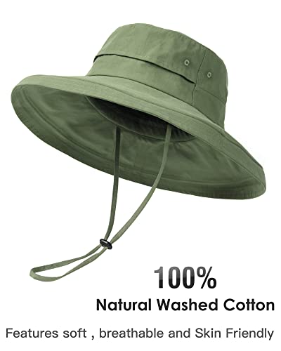 Hatiis Sun Hats for Women Gardening Beach Sun Protection Breathable Cotton Summer Hat with Fold-Up Wide Brim (Green, Medium)