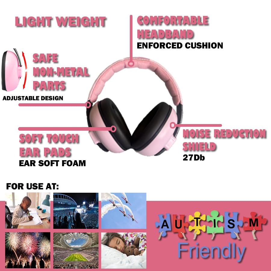 clawster Baby Kids Girls Pink Hearing Protection, Adjustable Noise Reduction 27dB Earmuffs, 3-36+ Months Funny Cute Accessory (Lace Bow)