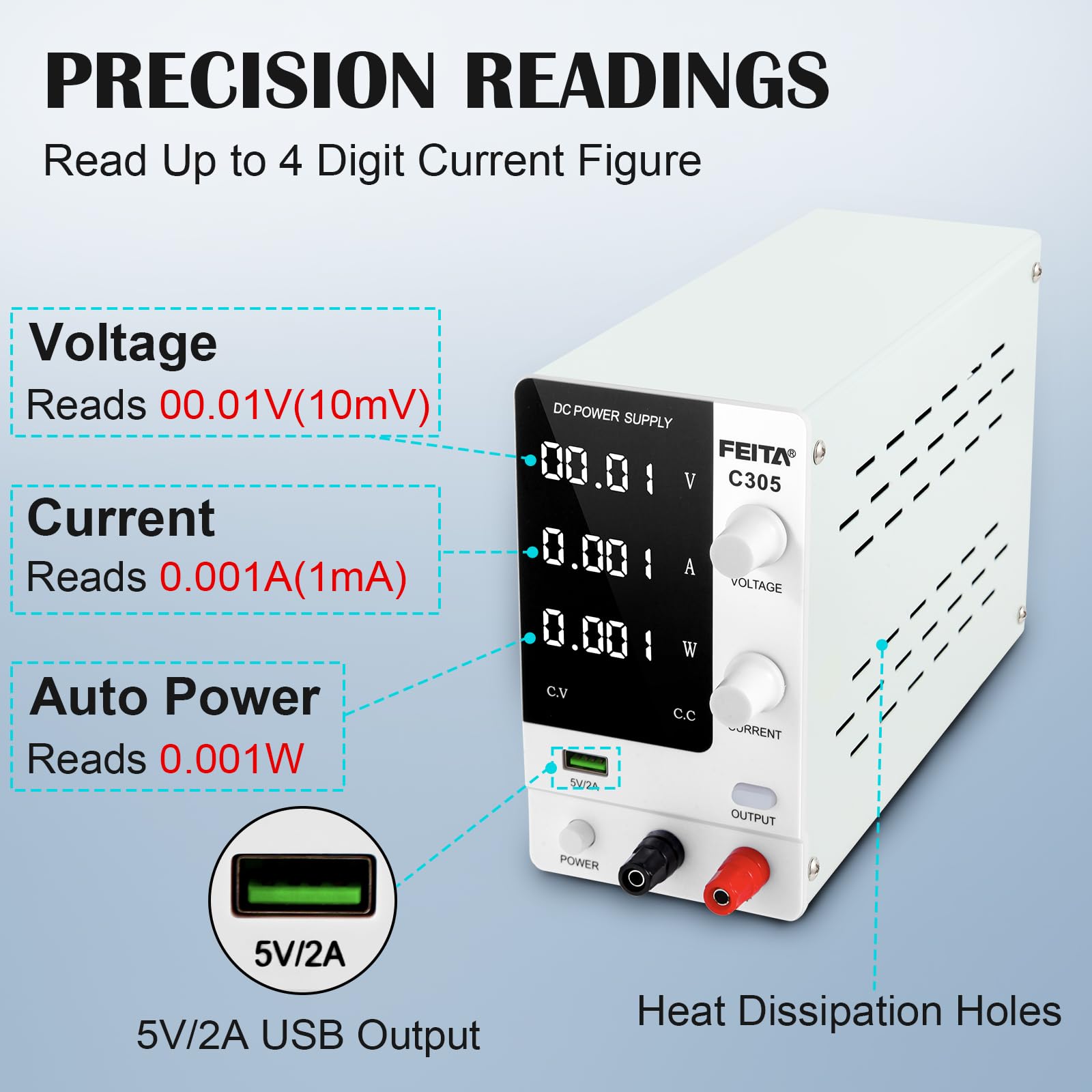 FEITA C305 DC Power Variable Supply Adjustable 30V 5A High Precision Bench Lab Power Supplies Programmable with Output Switch, 5V/2A USB Interface for Anodizing & Electroplating Kit