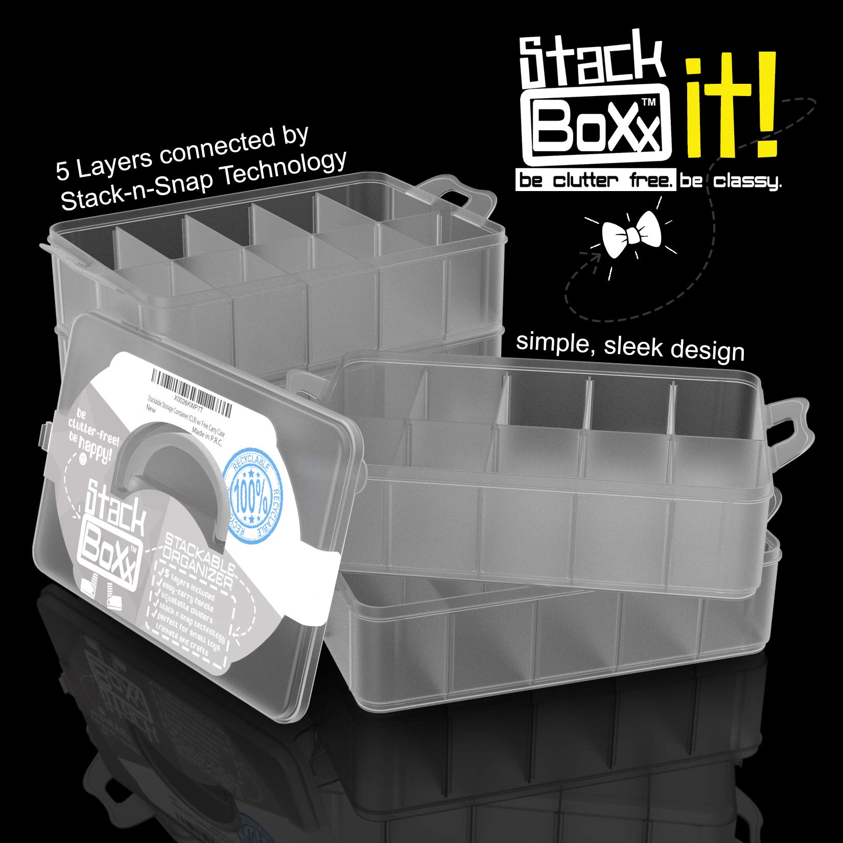 Stack Boxx Stackable Organizer and Storage Container (White) +Free Case | Be Clutter-Free, Be Happy! 5 Layers w/Handle -Perfect Solution for Kids Toys, Art Crafts, Jewelry, School & Office Supplies