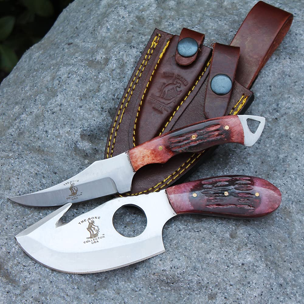 Bone Collector Hunting Knife Two Piece Set, 7" Straight Edge and 7" Gut Hook Blades Yellow Bone Full Tang Skinner (Bone)