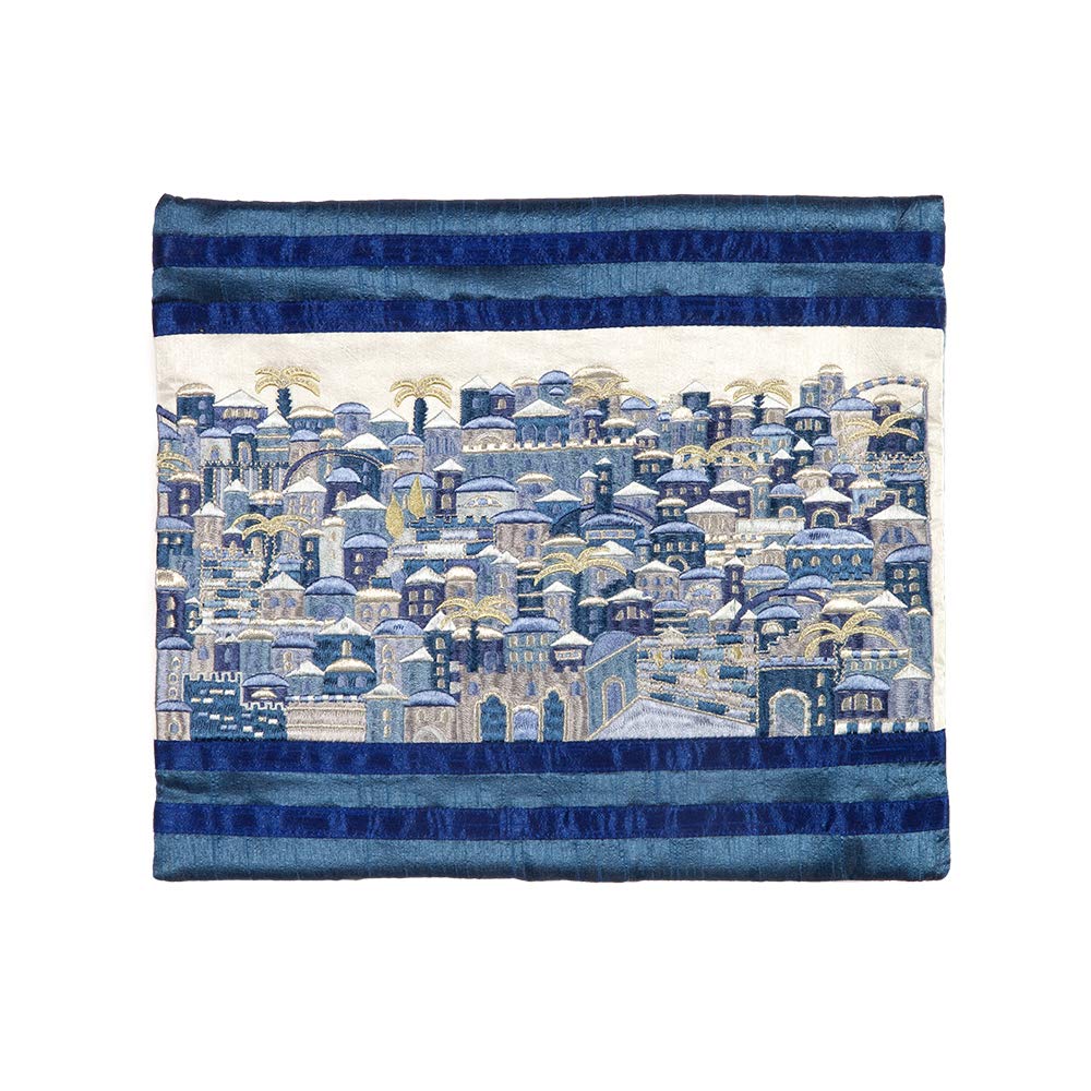 Yair Emanuel Premium Tallit Silk Embroidered Jerusalem Vista | Blue and White Tallis Prayer Shawl