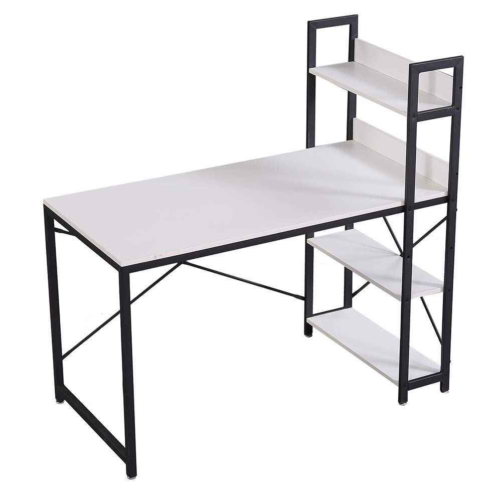 Computer Writing Study Home Office Desk, Multipurpose Study Table H Shape Table with 4 Tier Bookshelves, 47 inch #White