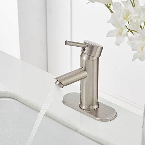 Greenspring Brushed Nickel Bathroom Faucet Single Hole Single Handle Aerator Spout Saving Water Lavatory Vanity Sink Faucet Matching Pop Up Drain with Overflow Mixer Tap Supply Line Lead-Free