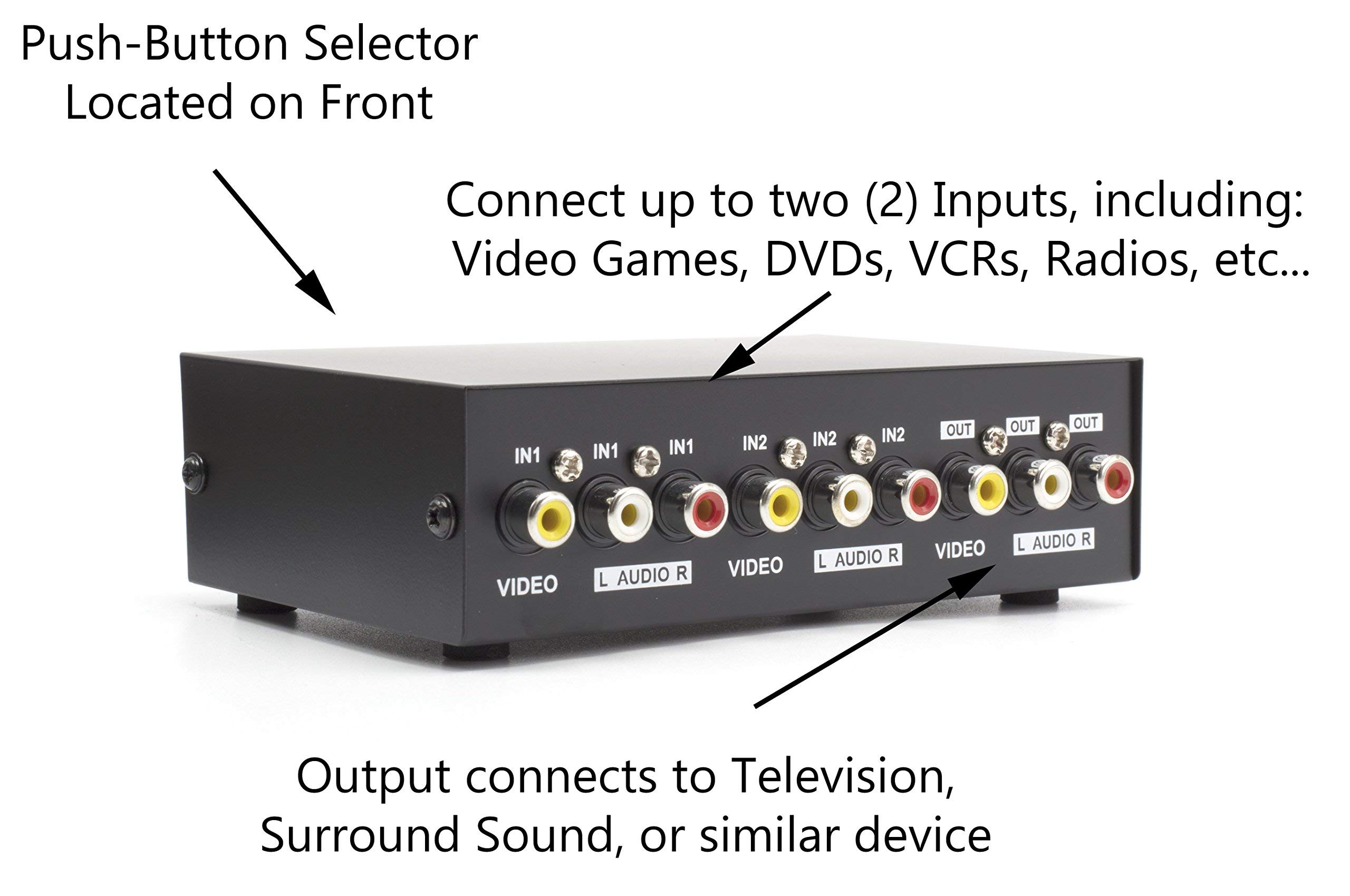 THE CIMPLE CO 2 Way AV Switch - 2 Input 1 Output RCA Selector Switch for Composite Audio and Video - Switcher Box - Includes RCA Composite Cable (Black)